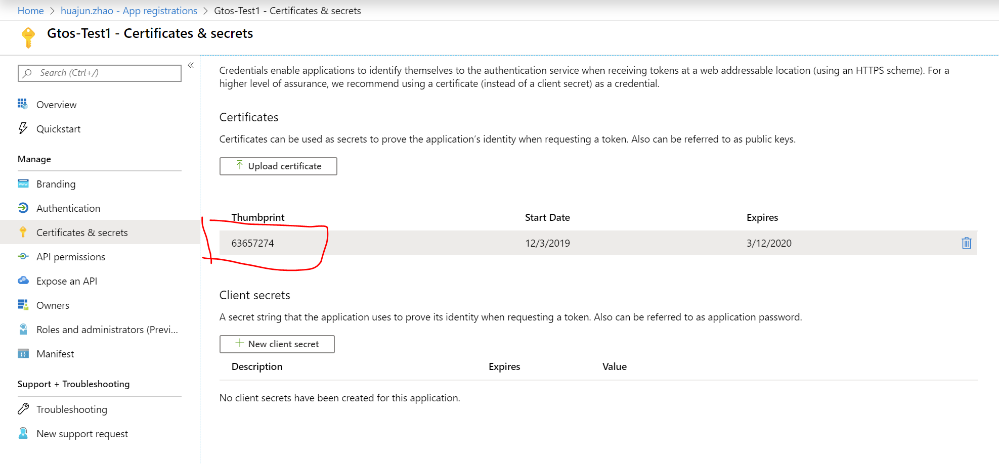 Thumbprint on the portal seems incorrect after calling ...