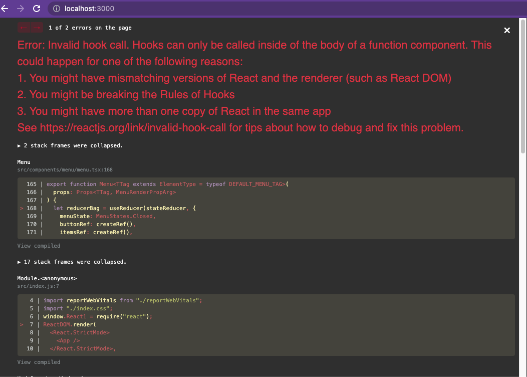 [Bug]: Invalid Hooks Call when I used a Headless-UI Element · Issue #689 · tailwindlabs ...