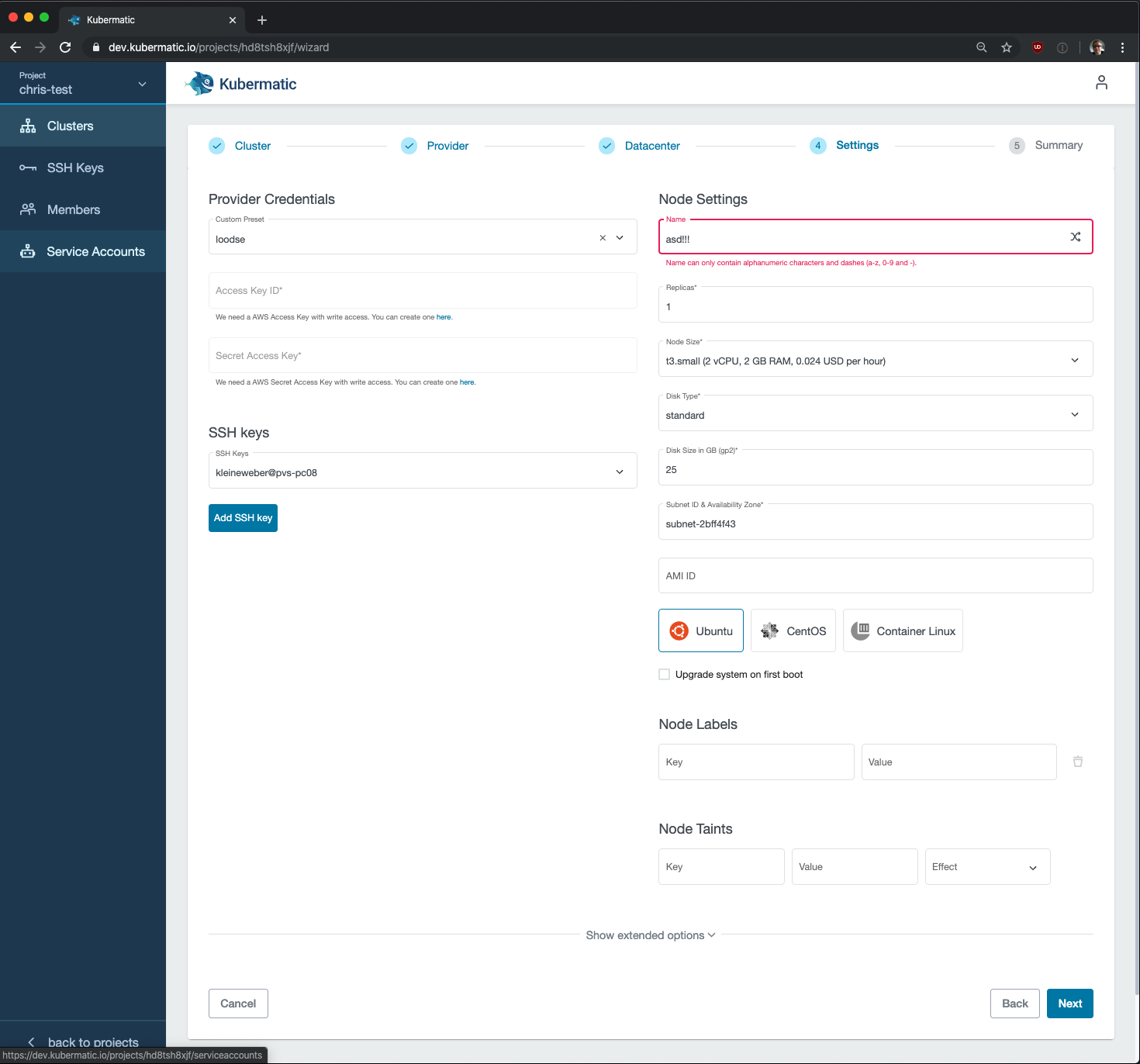 Cluster Creation Possible After Failed Node Name Validation · Issue 1821 · Kubermatic Dashboard