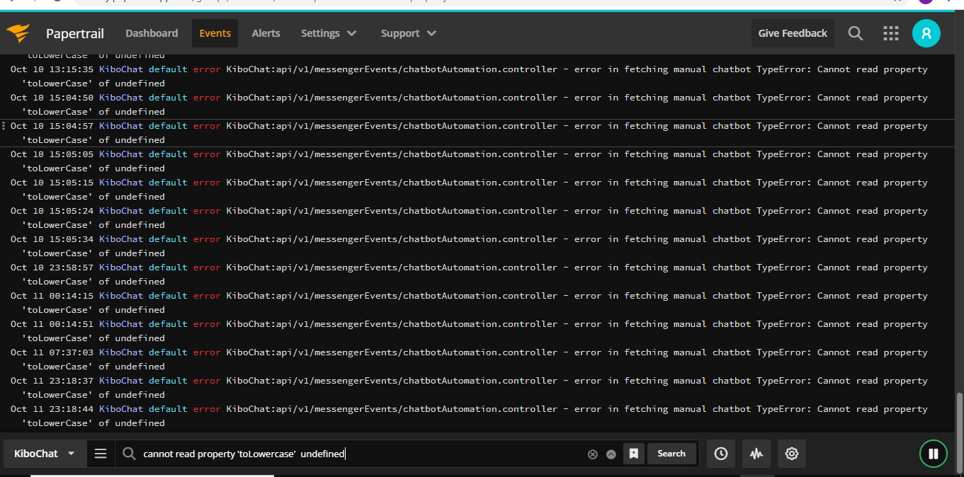 Papertrail: Error in fetching manual chatbot. TypeError: Cannot read property 'toLowerCase' of ...