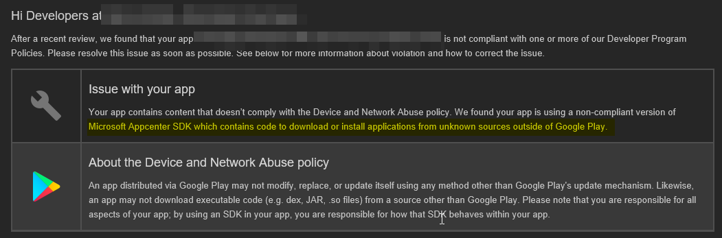 PlayStore build with DistributionPlay contains Microsoft.AppCenter.Distribute.Android.Bindings ...