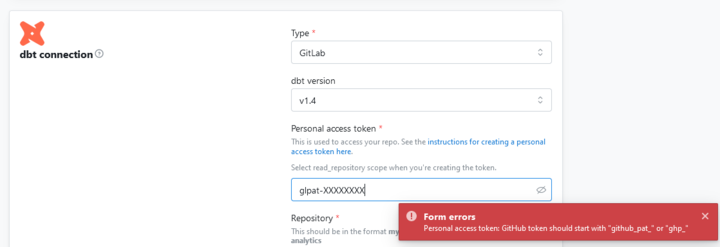 When trying to connect a GitLab token, we throw an error because we're checking for github ...