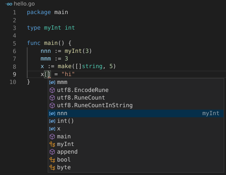 x/tools/gopls: understand that defined integer types may be slice ...