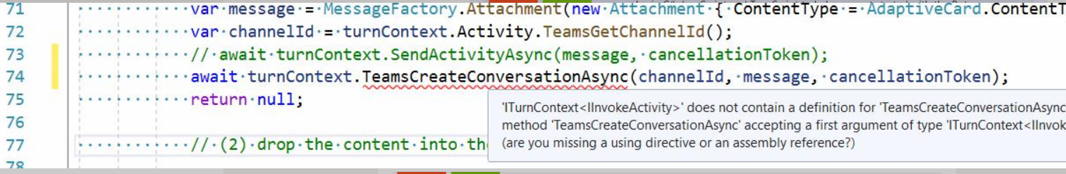 turnContext.TeamsCreateConversationAsync() used in Sample is missing from SDK · Issue #2360 ...