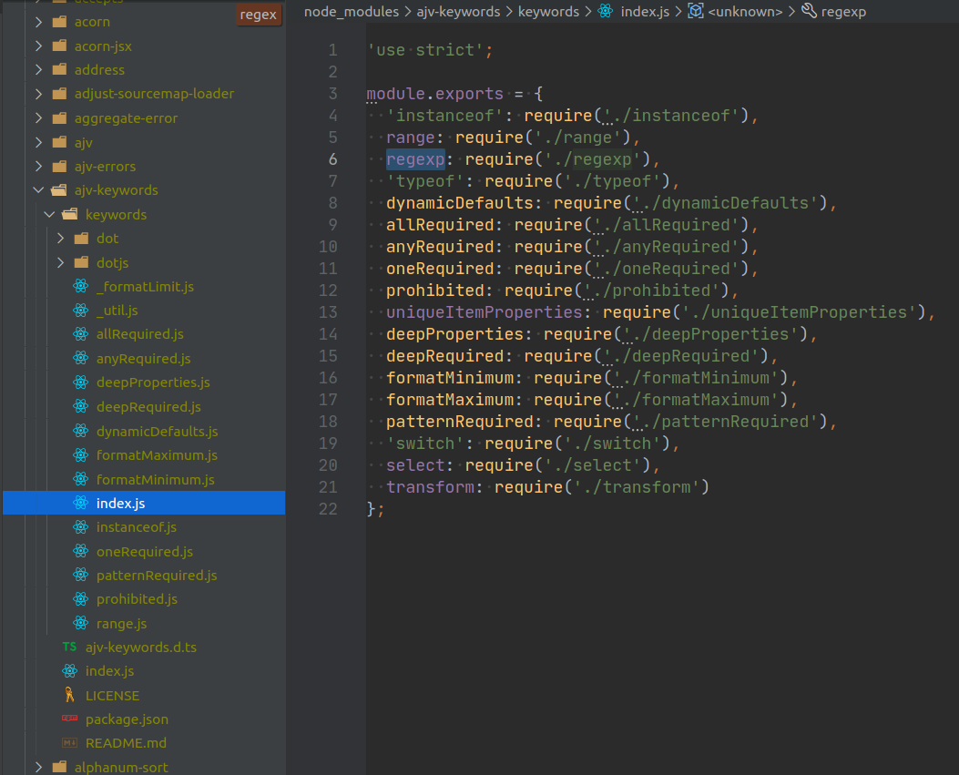 Can't `npm start` React App because of missing dependency regex.js · Issue #189 · ajv-validator ...