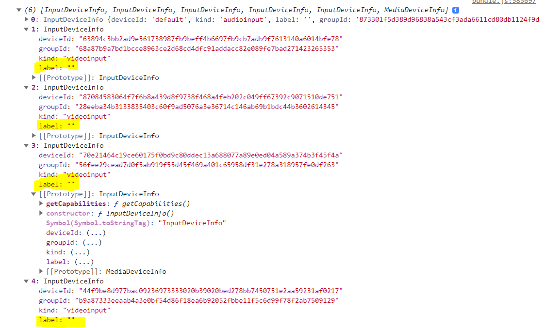 Empty labels are returned when using navigator.mediaDevices.enumerateDevices api in all android ...