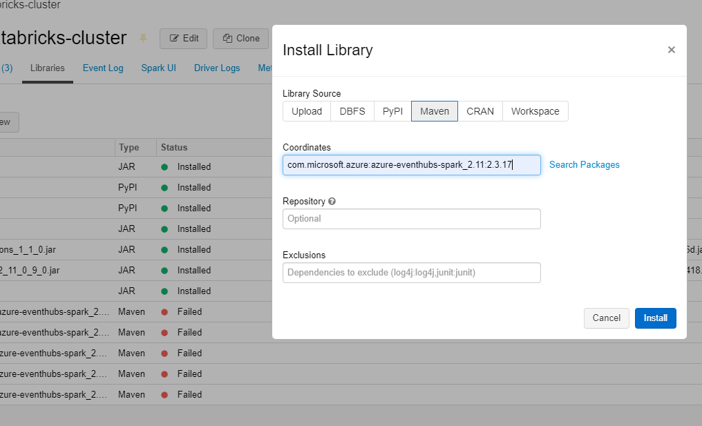 Databricks: com.microsoft.azure: azure-eventhubs-spark_2.12:2.3.17: not ...