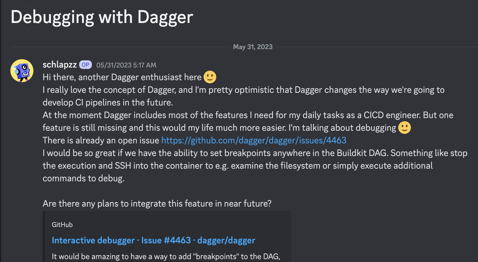 Interactive debugger · Issue #4463 · dagger/dagger · GitHub