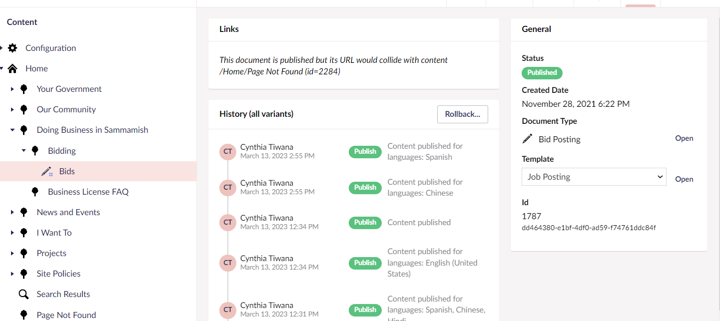 This document is published but its URL would collide with content /Root/Content page · Issue ...