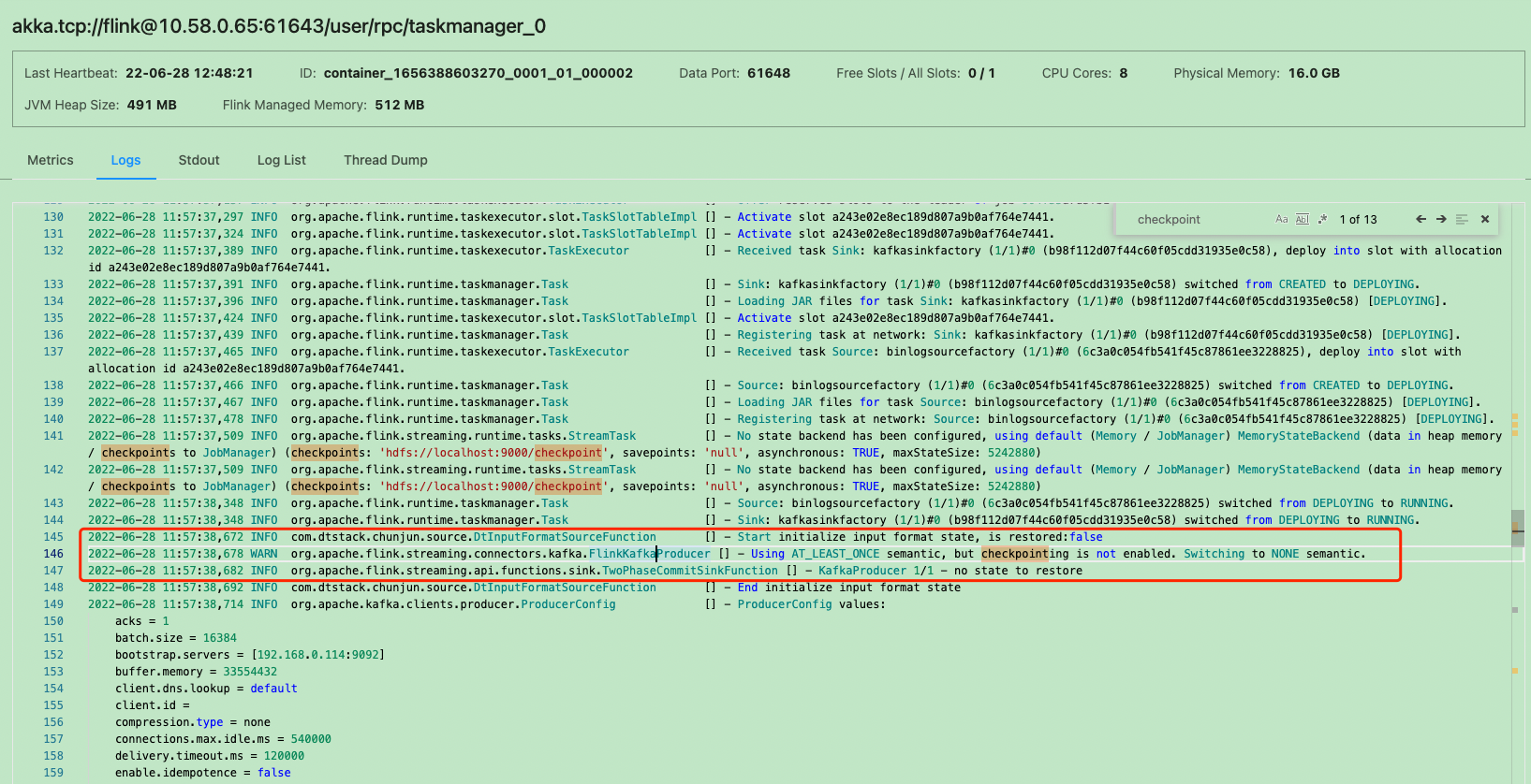 读取binlog写入kafka配置断点续传功能没有生效 · Issue 1010 · Dtstack Chunjun · Github