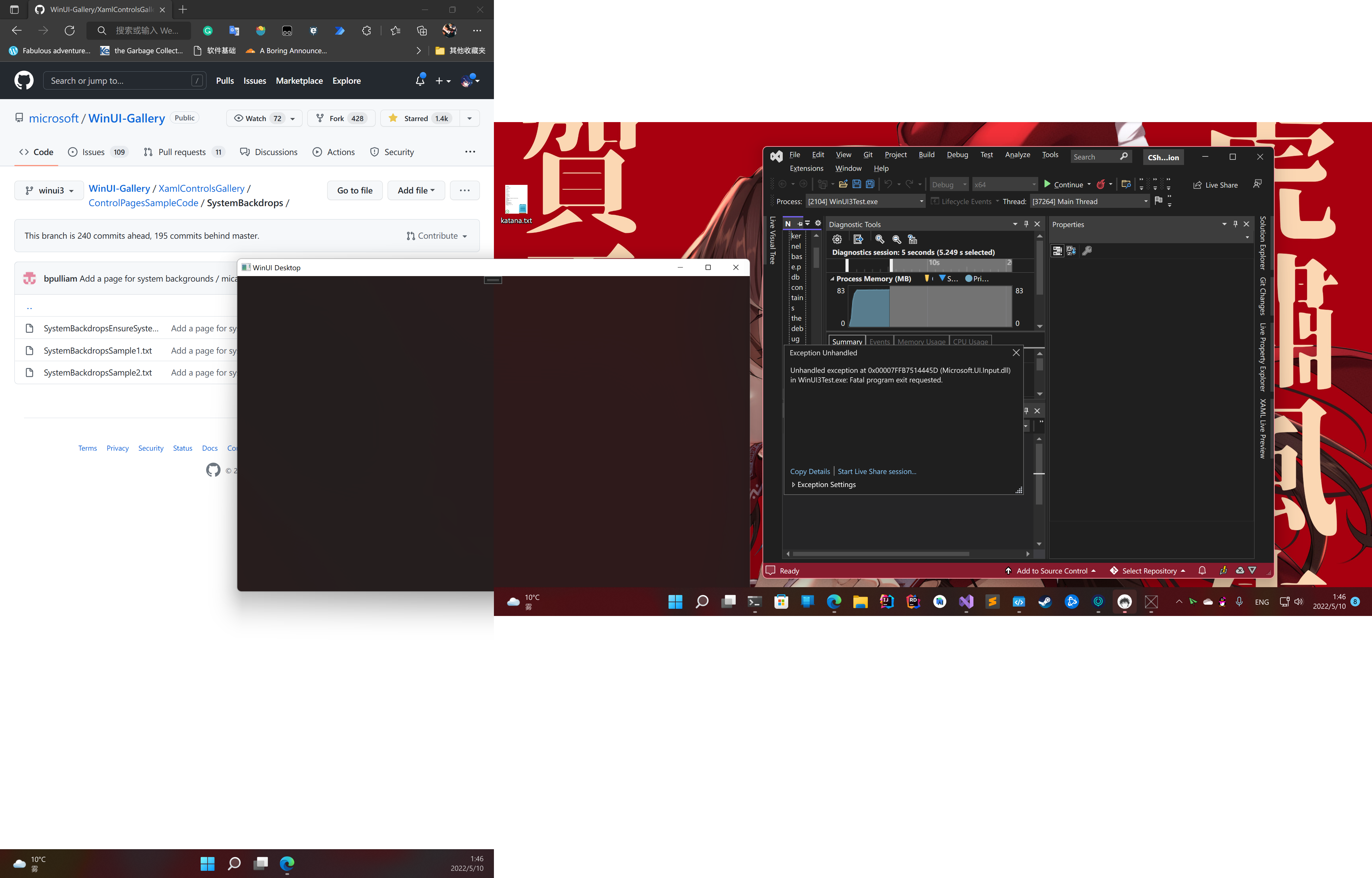 [BUG] Set backdrop to mica material in WinUI 3 1.1.0 preview 3 will cause app to crash when ...