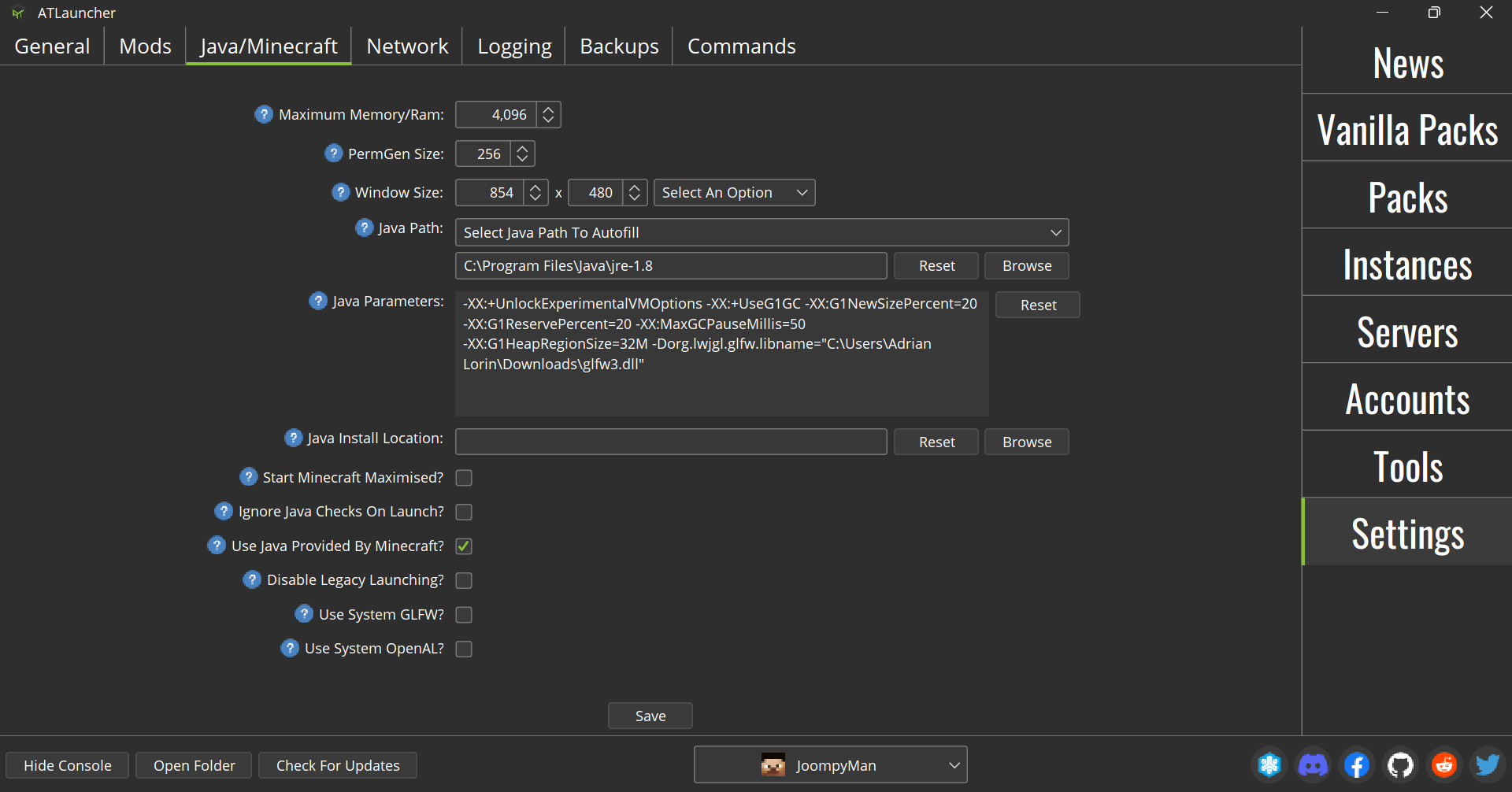 ATLauncher mangling java arguments causing them to be non-functional ...