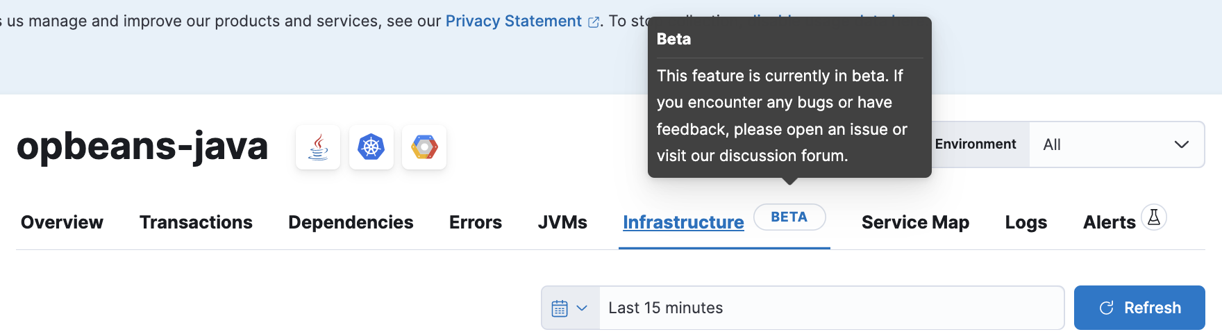 [APM] Add Beta label to the Infrastructure tab · Issue #136637 · elastic/kibana · GitHub