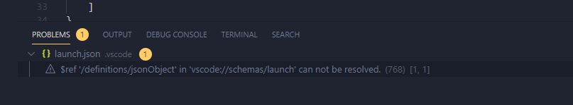 settings.json: $ref '/definitions/jsonObject' in 'vscode://schemas/launch' can not be resolved ...