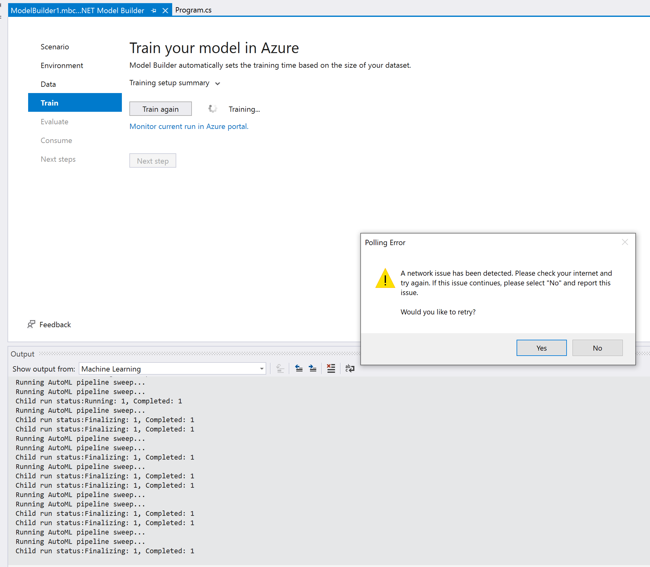 Azure Training Fails once done · Issue #1255 · dotnet/machinelearning-modelbuilder · GitHub