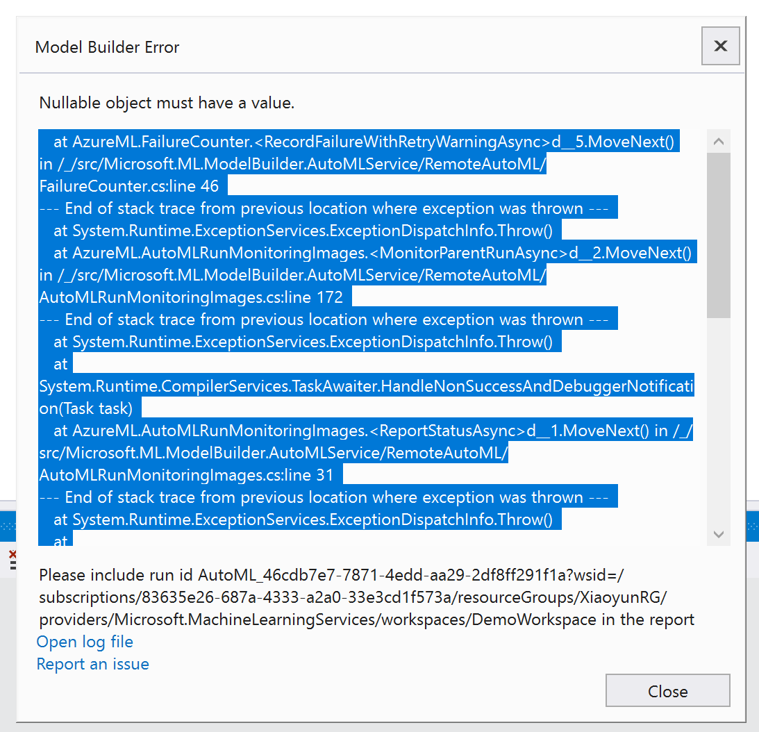 Azure Training Fails once done · Issue #1255 · dotnet/machinelearning-modelbuilder · GitHub