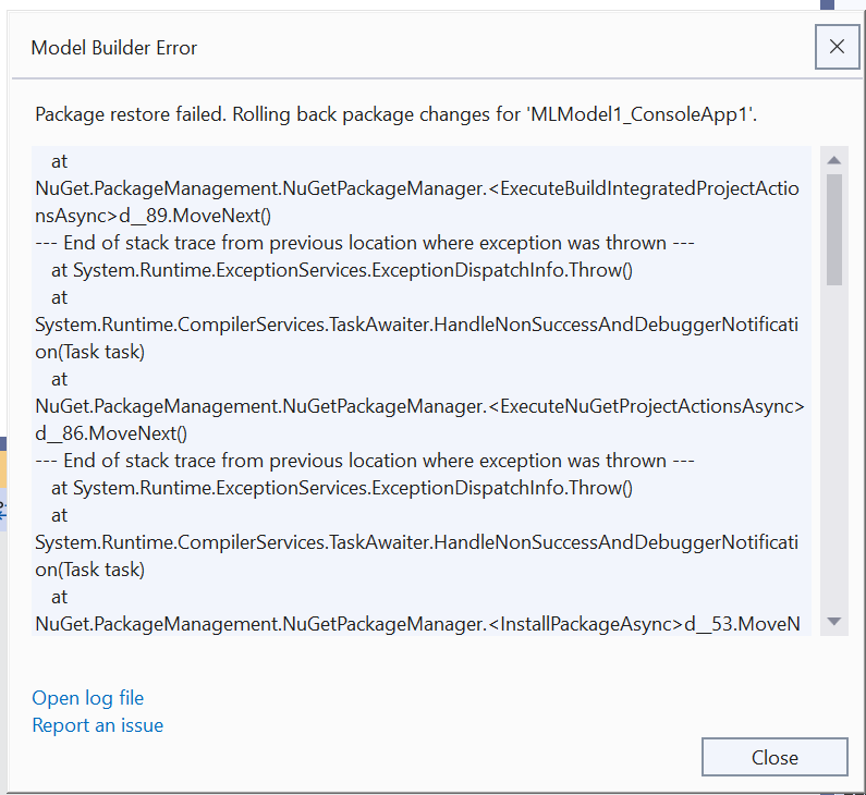 Update Package Fails · Issue #2351 · dotnet/machinelearning-modelbuilder · GitHub