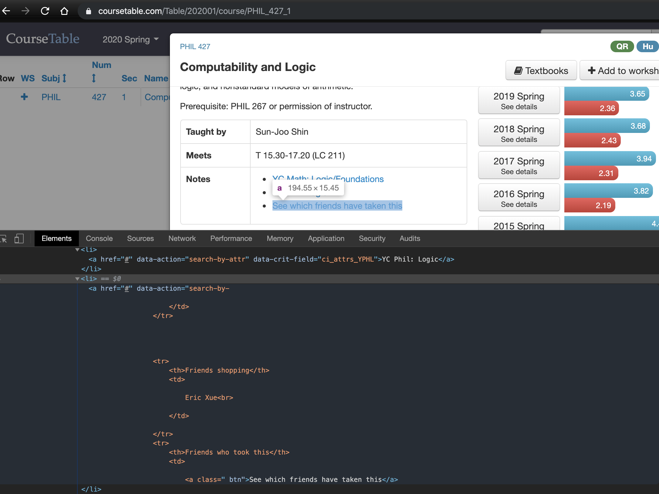 Evaluations displayed within course info table in modal · Issue #93 ...