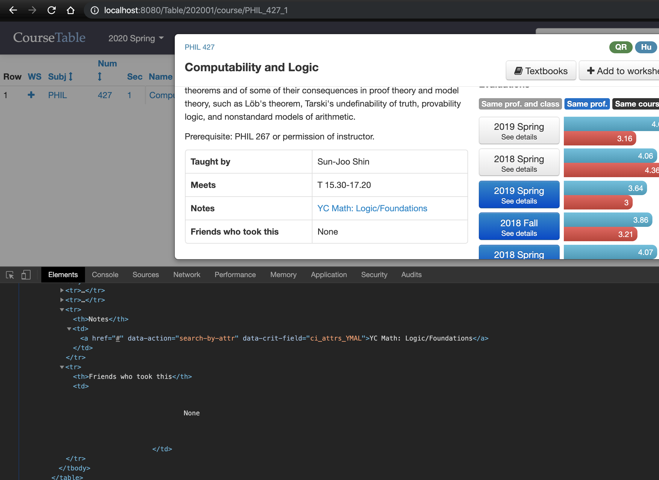 Evaluations displayed within course info table in modal · Issue #93 ...