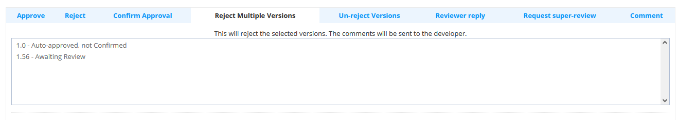 The Un-reject version info text is also displayed for the 'Reject Multiple Versions' action ...