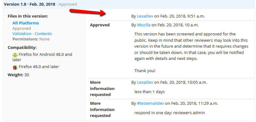 No action triggered in Add-on review history when developer uses "This ...