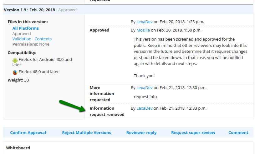 No action triggered in Add-on review history when developer uses "This request for information ...