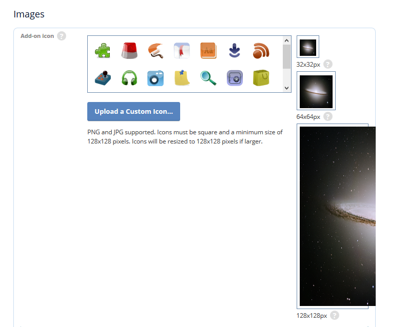 The icon preview for the 128x128 section is rendered at the original ...