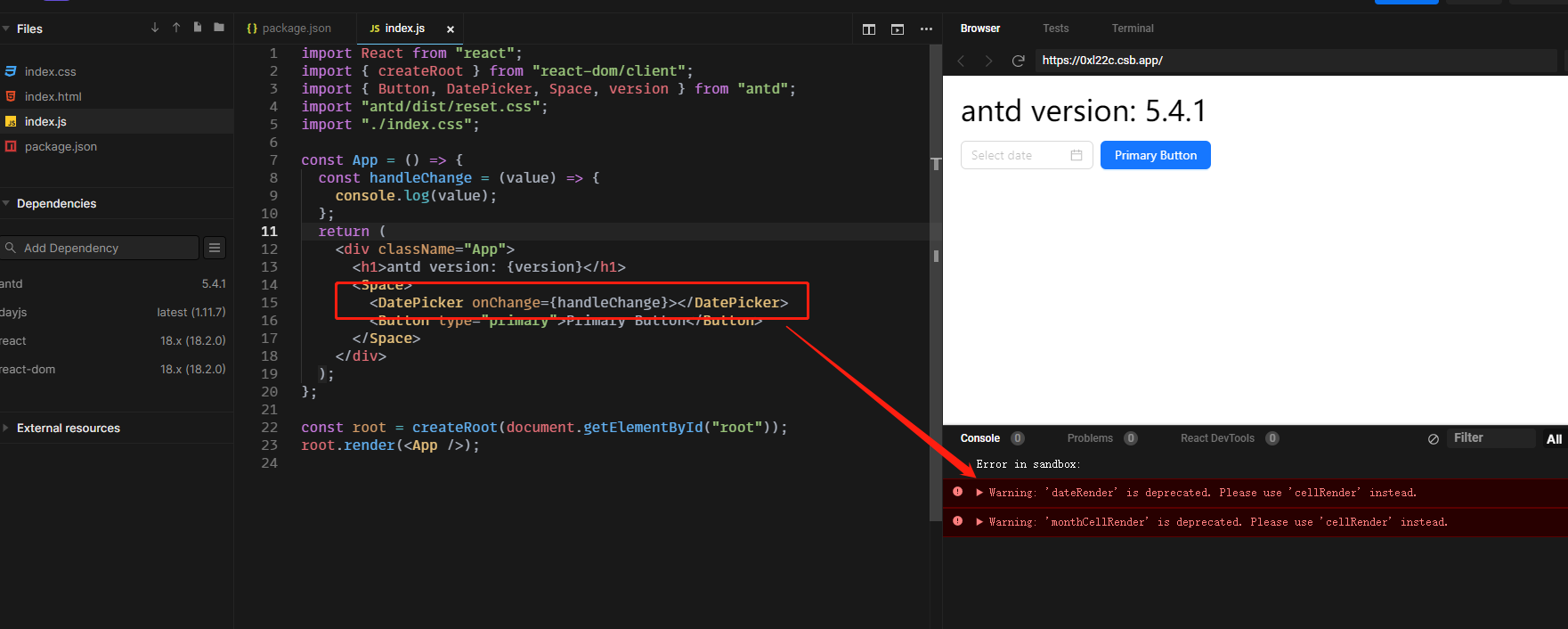 使用datepicker组件报错warning Daterender Is Deprecated Please Use Cellrender Instead · Issue 5179