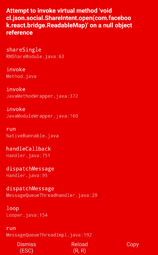 Attemp to invoke virtual method 'void cl.json.social.Shareintent.open(com.facebook.react.bridge ...