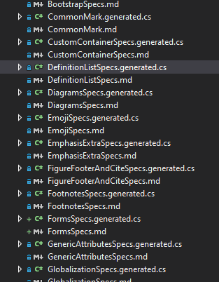 How are the test cases in the Markdig.Tests.Specs namespace "generated ...