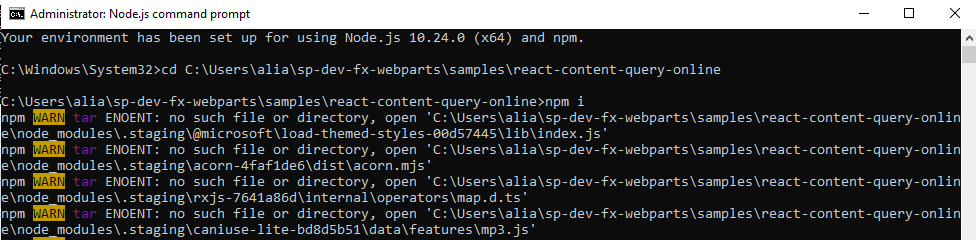 react-content-query-online: Error running npm install · Issue #1767 · pnp/sp-dev-fx-webparts ...