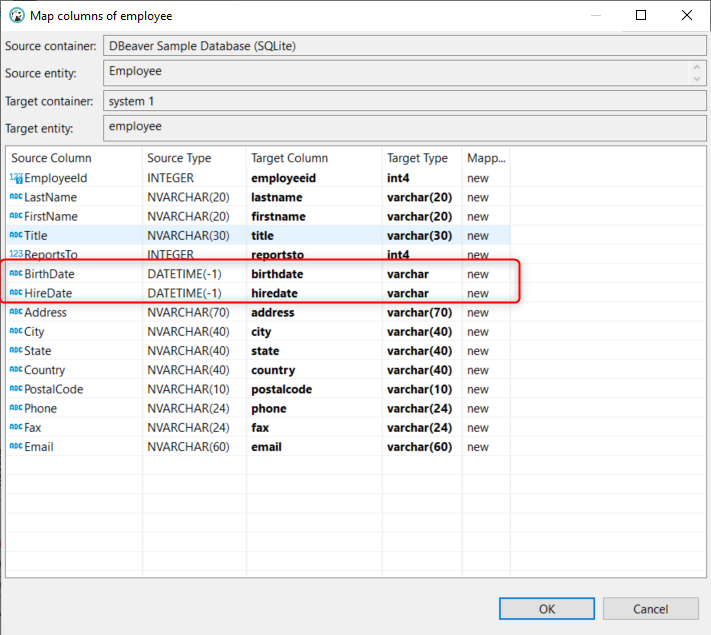 Incorrect types for columns are chosen during the export to new table ...