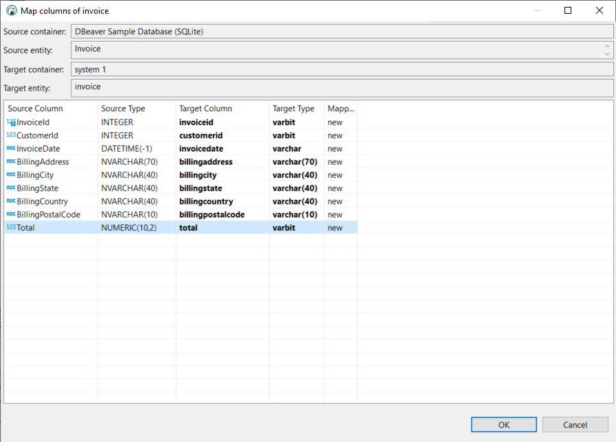Incorrect types for columns are chosen during the export to new table from another table · Issue ...