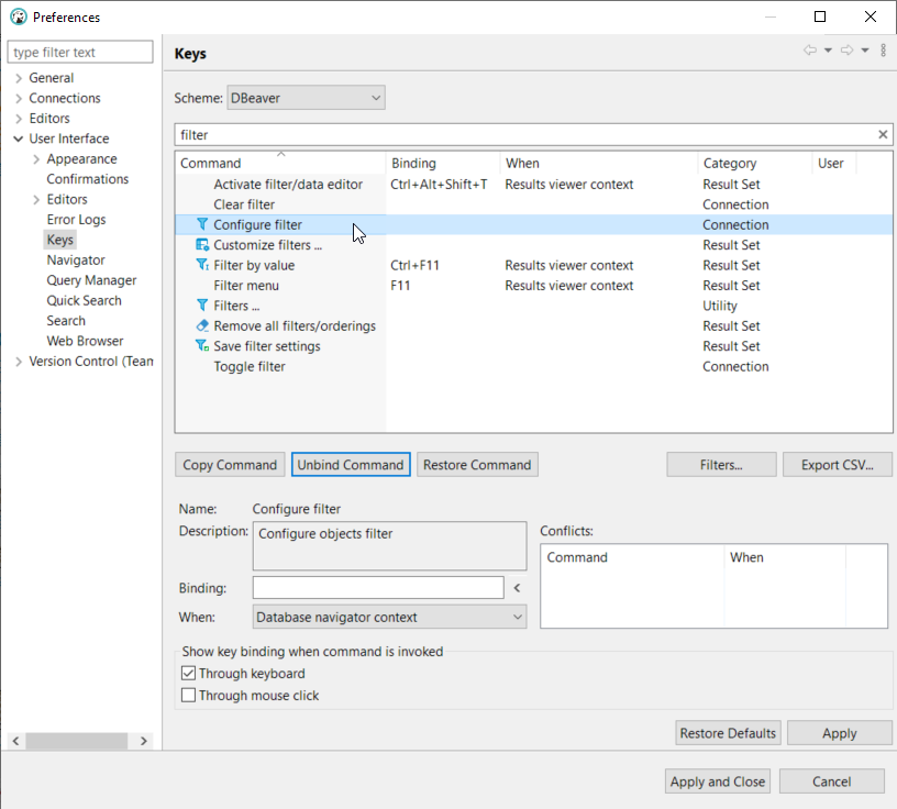 Is there a keyboard shortcut to focus Filter in Database Navigator ...