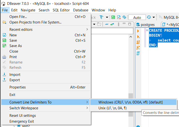 Convert Line Delimeter To menu is duplicated in Main menu · Issue #8530 · dbeaver/dbeaver · GitHub