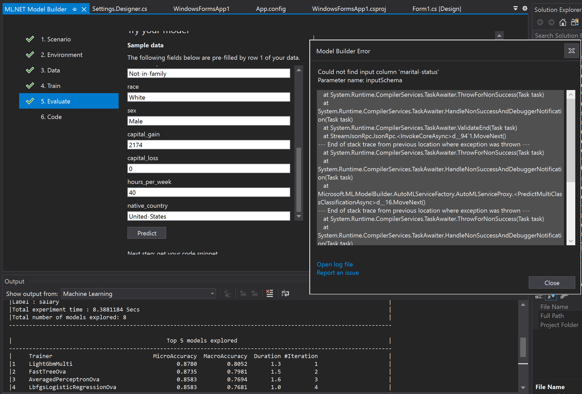 Model Builder throws error "Could not find input column ..." on Predict (Evaluate tab) · Issue ...