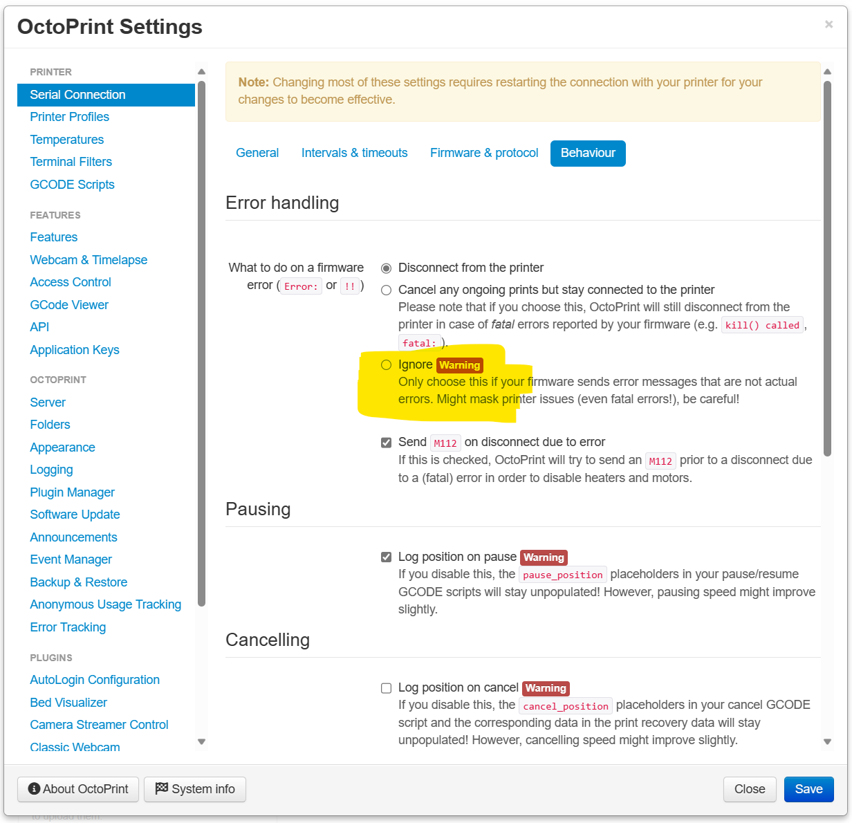 [Request] Disable "ongoing print job will be canceled" · Issue #4901 · OctoPrint/OctoPrint · GitHub