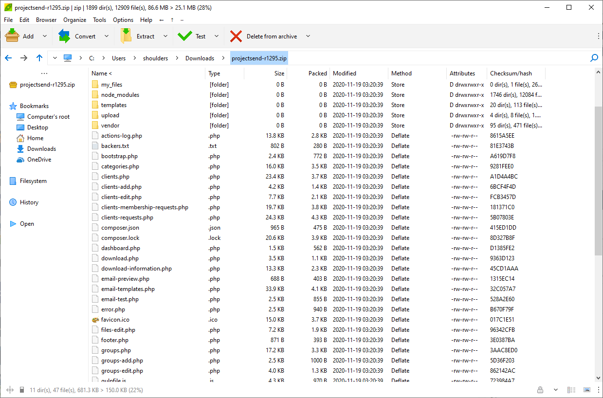 incorrect file permissions are stored within projectsend-r1295.zip archive causes a 500 error ...