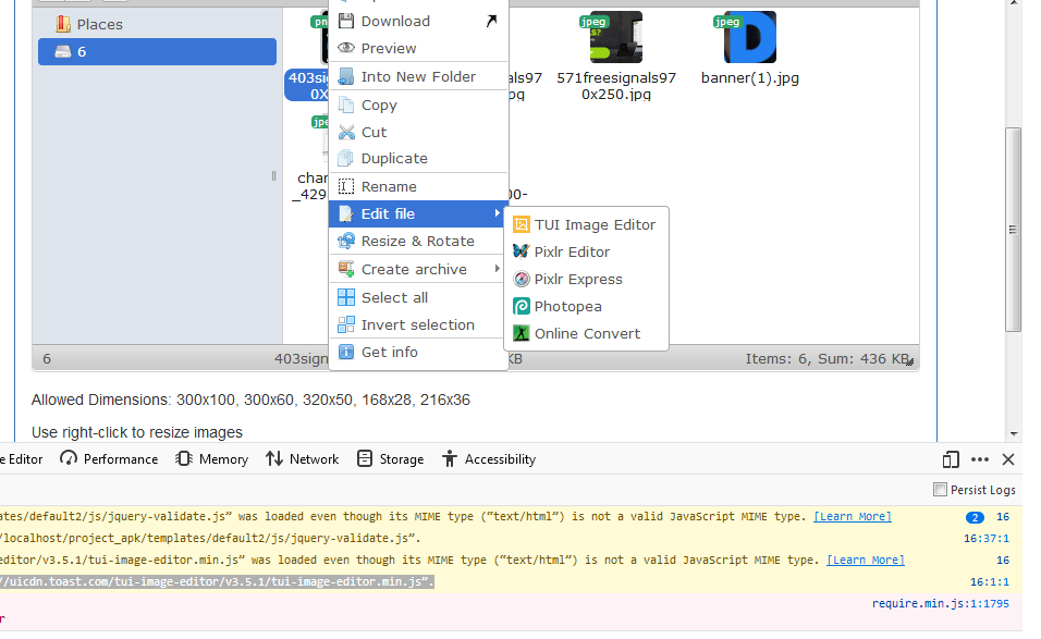 TUI image editor file not loading and Edit File Sub menu customization ...