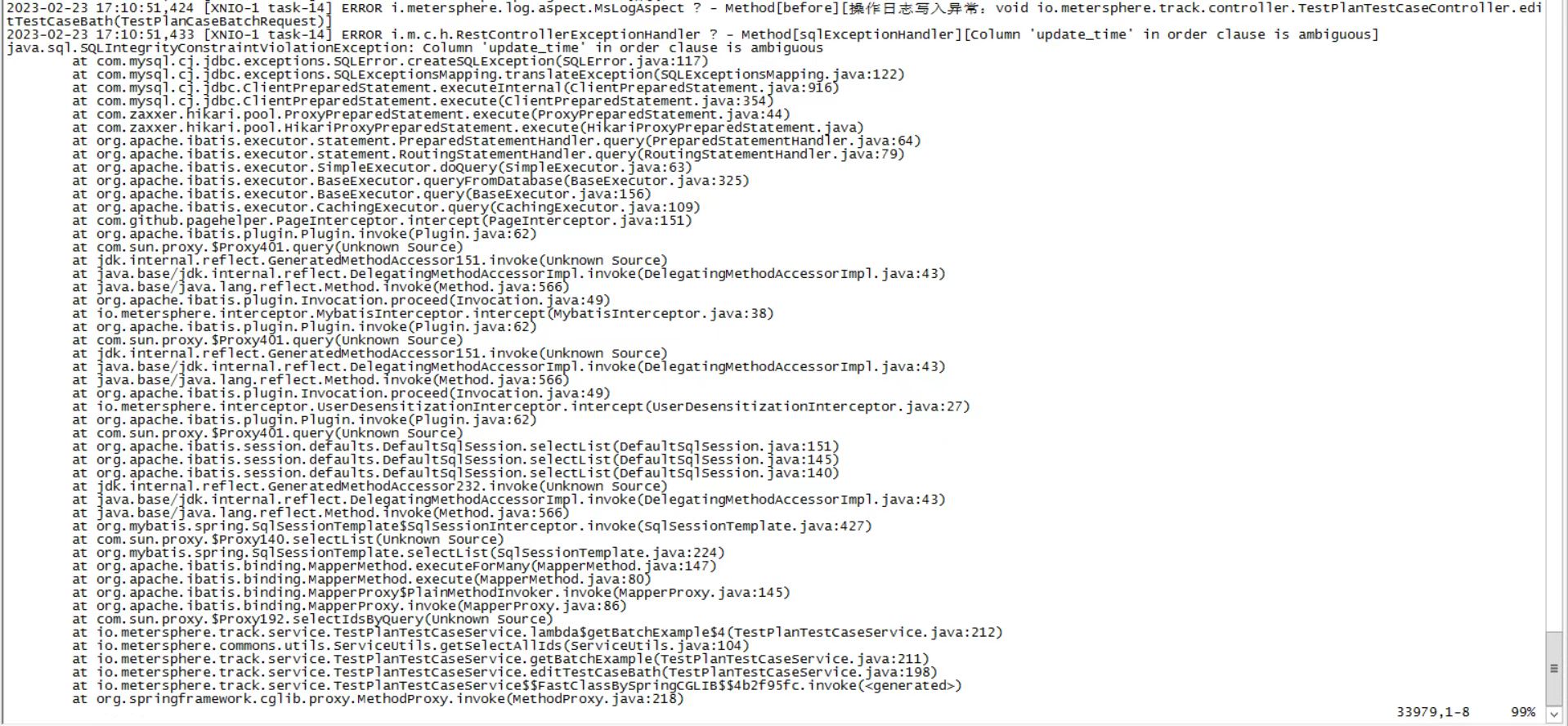 [BUG]测试计划批内功能用例按照“更新时间”排序，执行批量通过时SQL异常 · Issue #22228 · metersphere/metersphere · GitHub