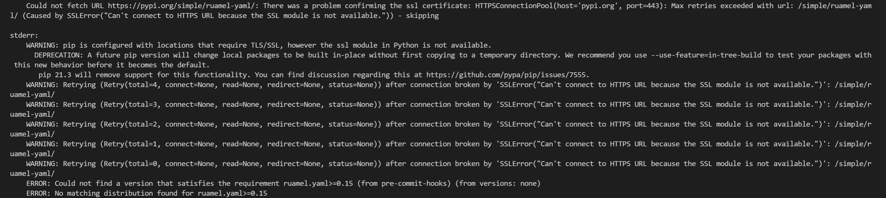 ERROR: No matching distribution found for ruamel.yaml>=0.15 · Issue #617 · pre-commit/pre-commit ...