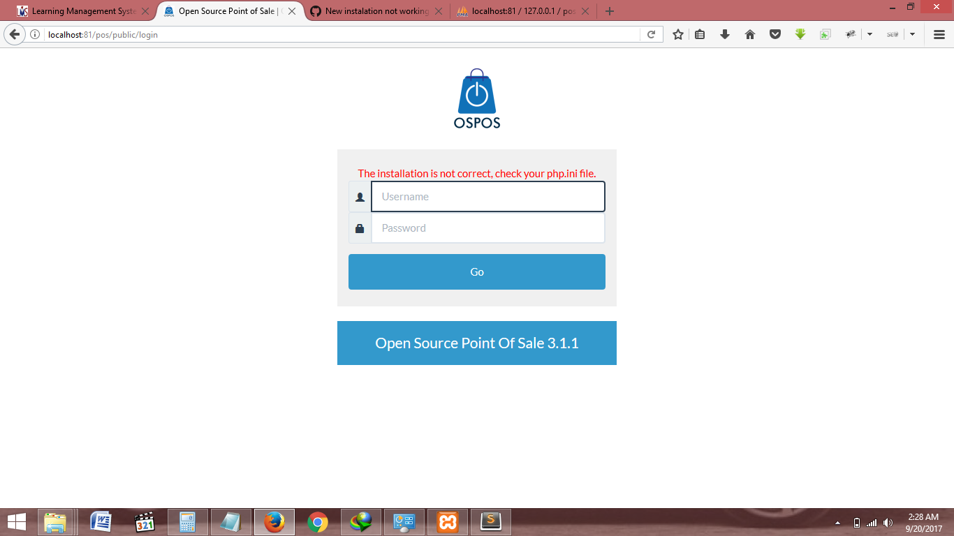 New instalation not working on xampp localhost · Issue #1619 · opensourcepos/opensourcepos · GitHub