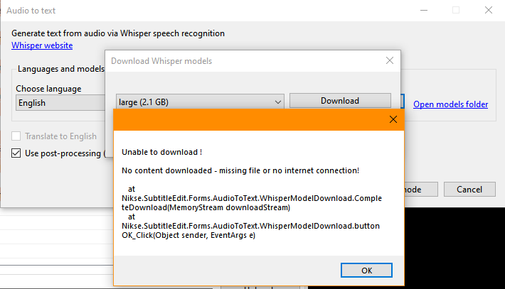 whisper python unable to download models on Windows · Issue #6518 · SubtitleEdit/subtitleedit ...