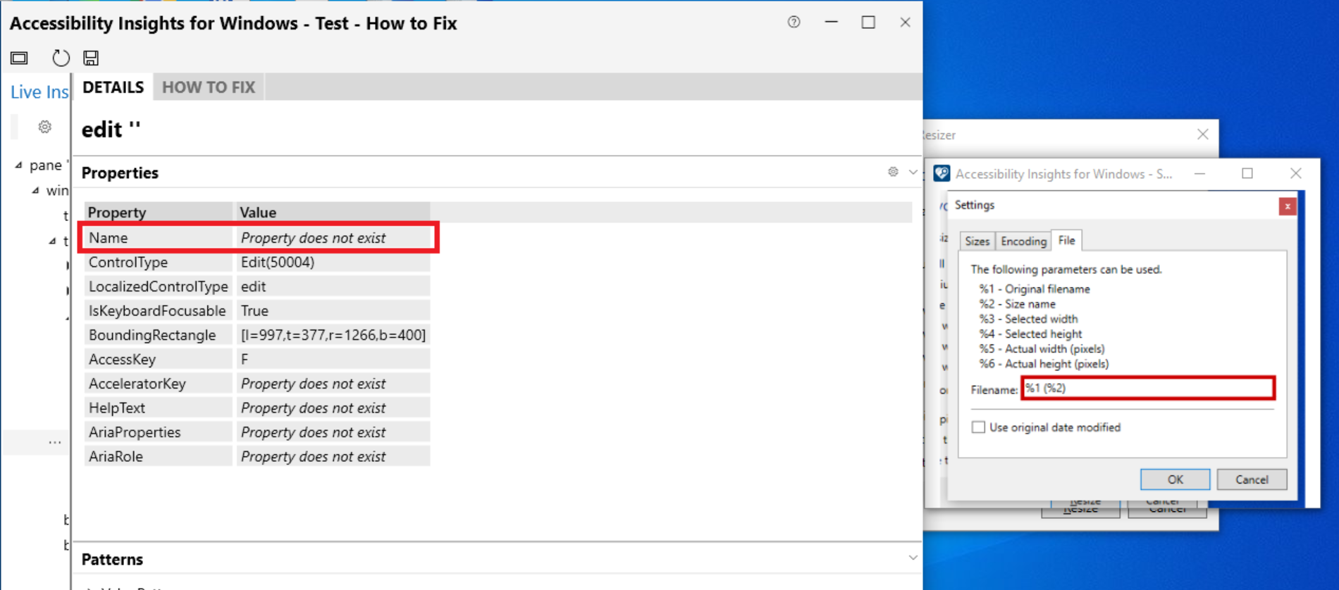 [Programmatic Issue - Settings>Image Resizer>File Explorer File]: Name property of a focusable ...