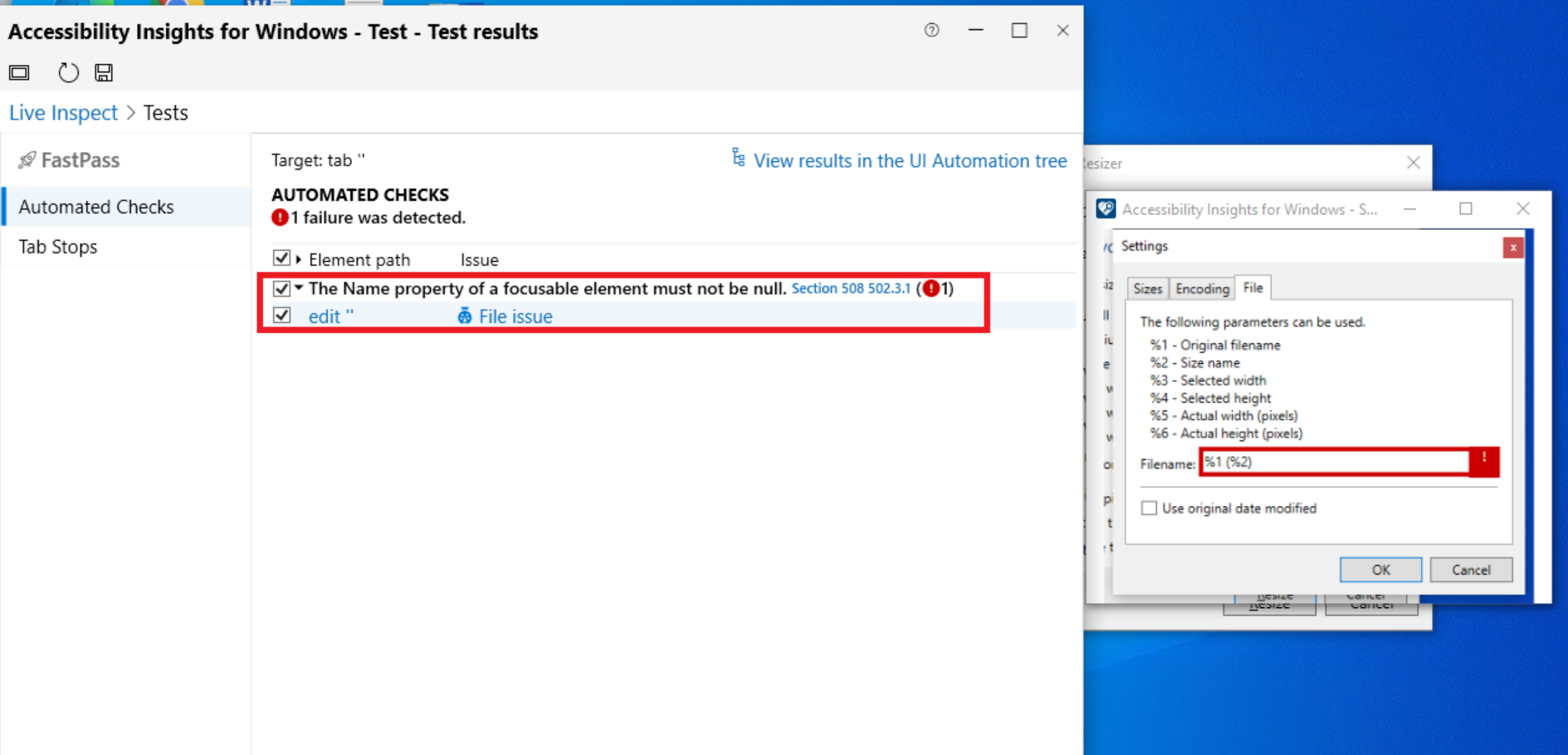 [Programmatic Issue - Settings>Image Resizer>File Explorer File]: Name property of a focusable ...