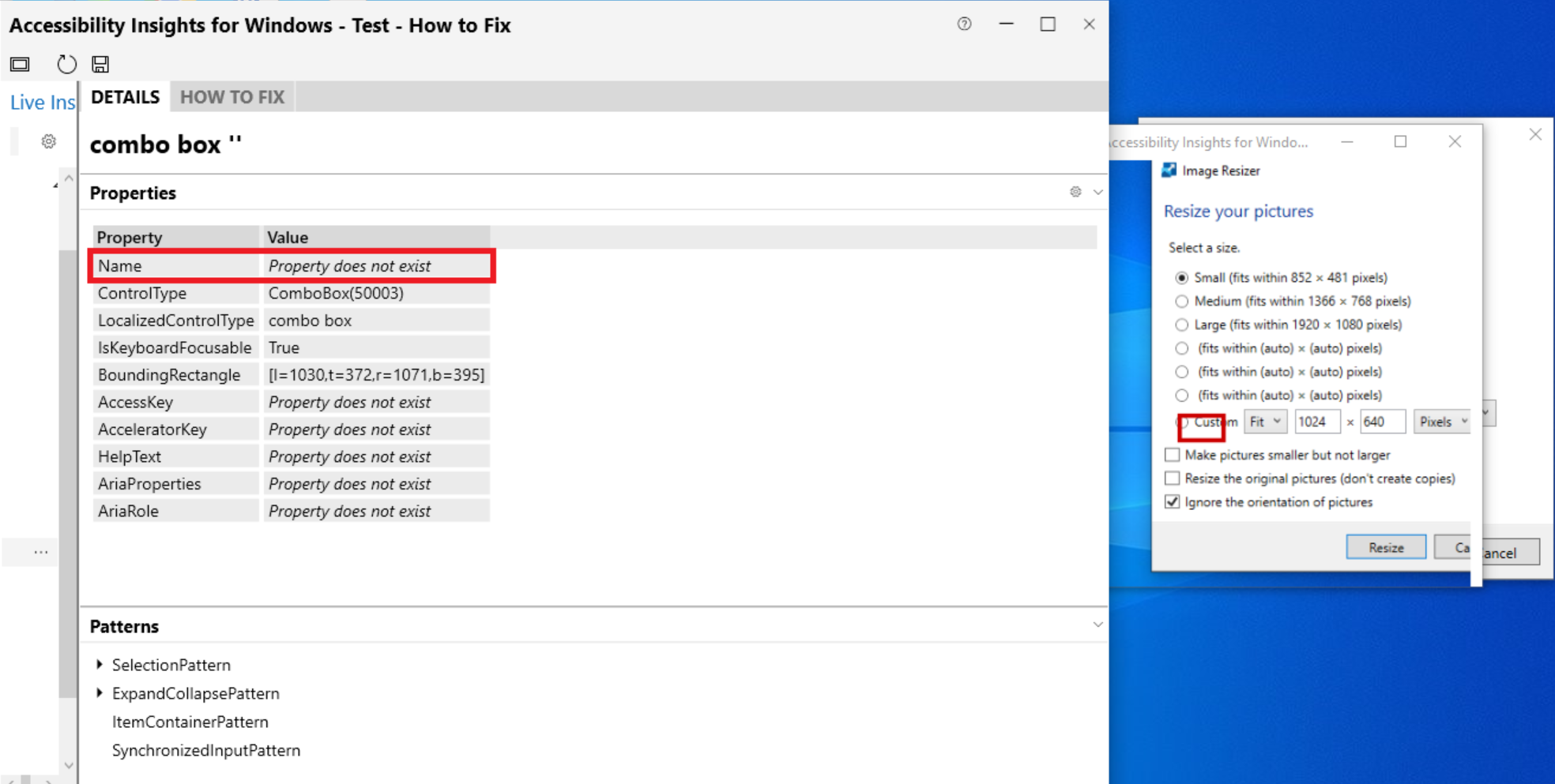 [Programmatic Issue - Settings>Image Resizer>File Explorer]: Name Property of focusable element ...