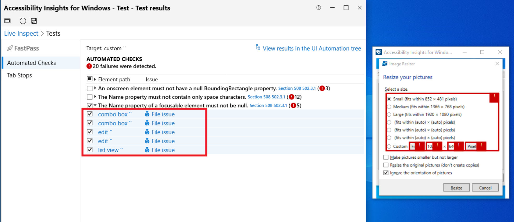 [Programmatic Issue - Settings>Image Resizer>File Explorer]: Name Property of focusable element ...