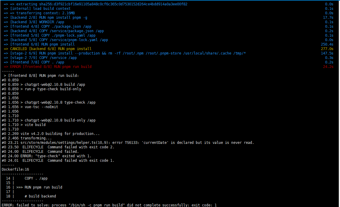 ERROR [frontend 8/8] RUN pnpm run build · Issue #1064 · Chanzhaoyu/chatgpt-web · GitHub