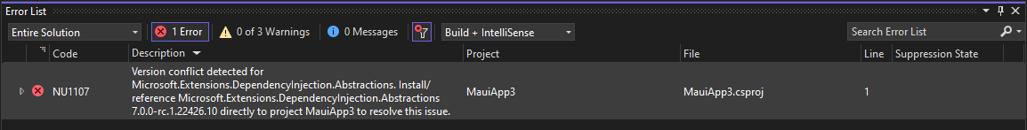 Version conflict detected for `Microsoft.Extensions.DependencyInjection.Abstractions` [NU1107 ...