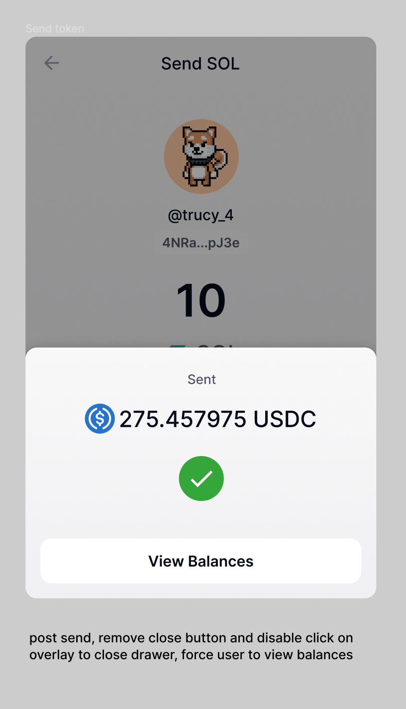 After closing sending confirmation drawer, I shouldn't see the same send screen with recipient ...